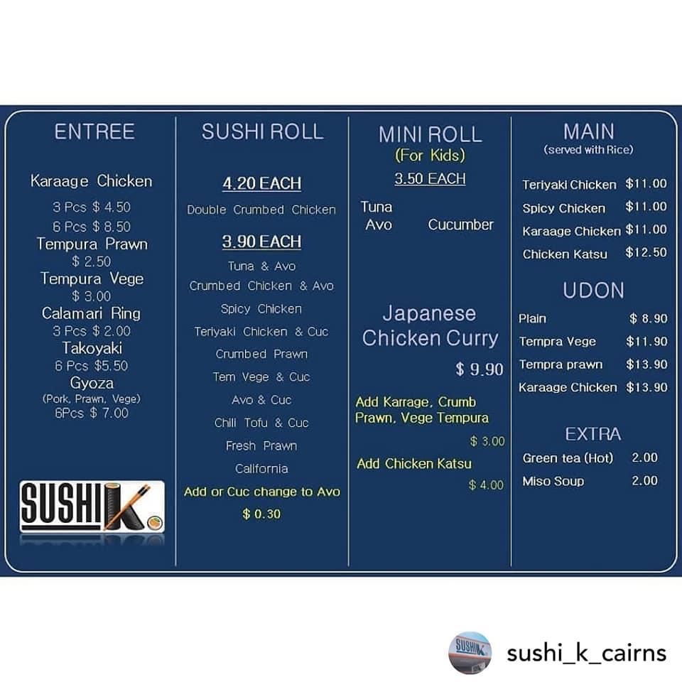 Menu at Sushi k restaurant, Cairns