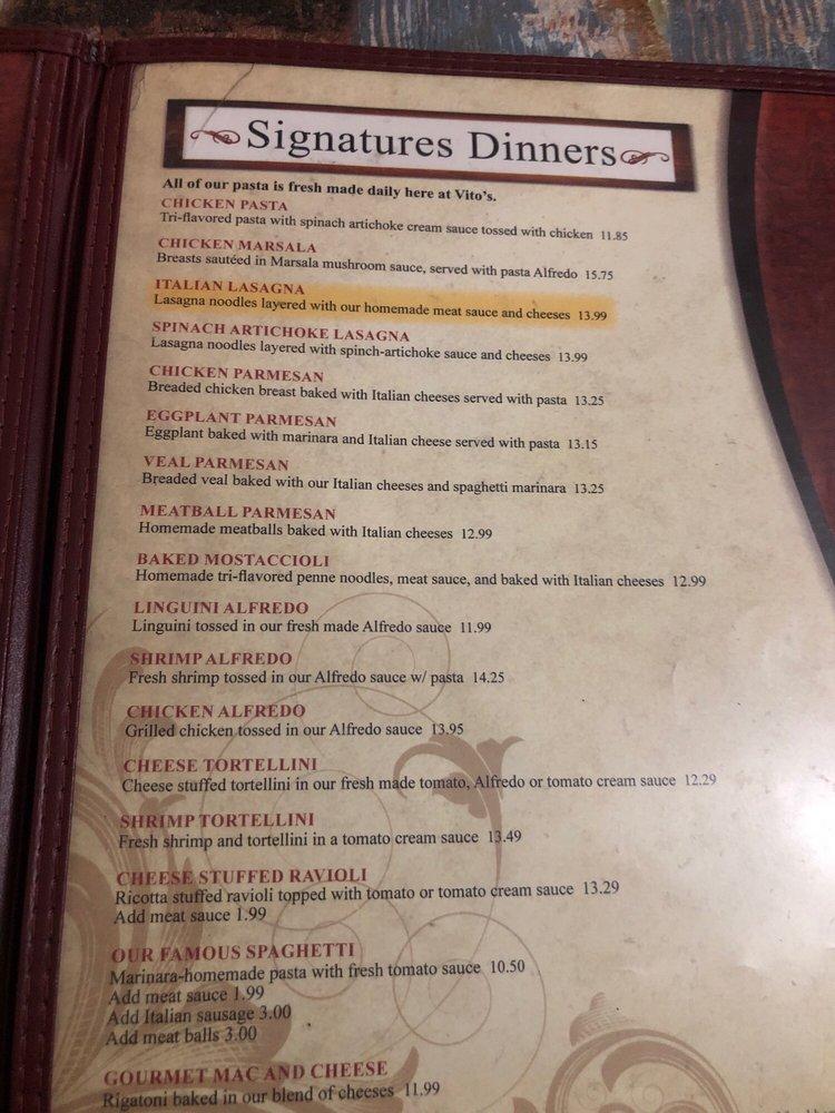 Menu at Vito's Italian Cuisine pizzeria, Kingman