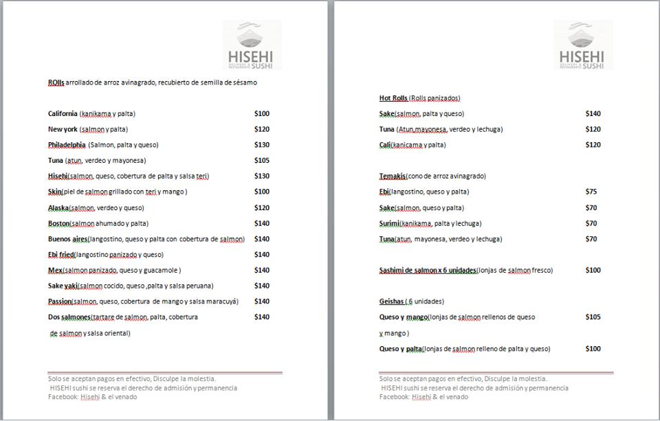 Menu at Hisehi & El venado restaurant, Canning