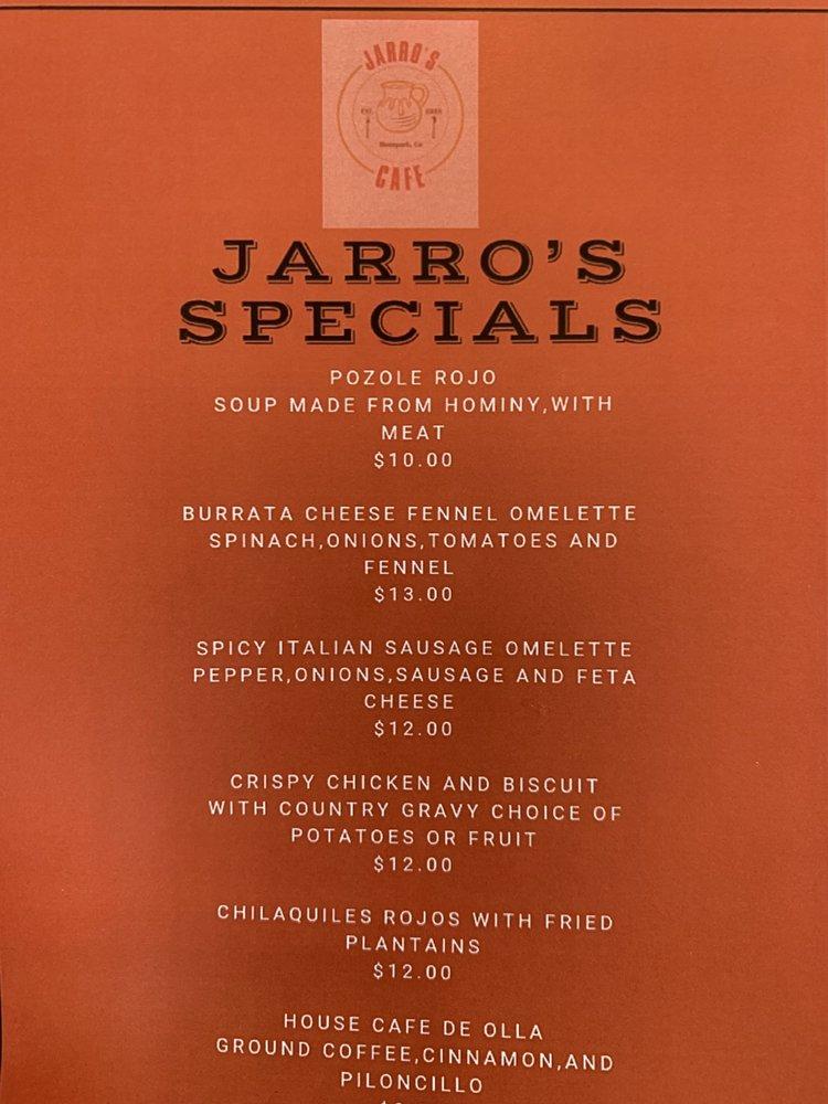Menu at Jarro’s Cafe, Moorpark
