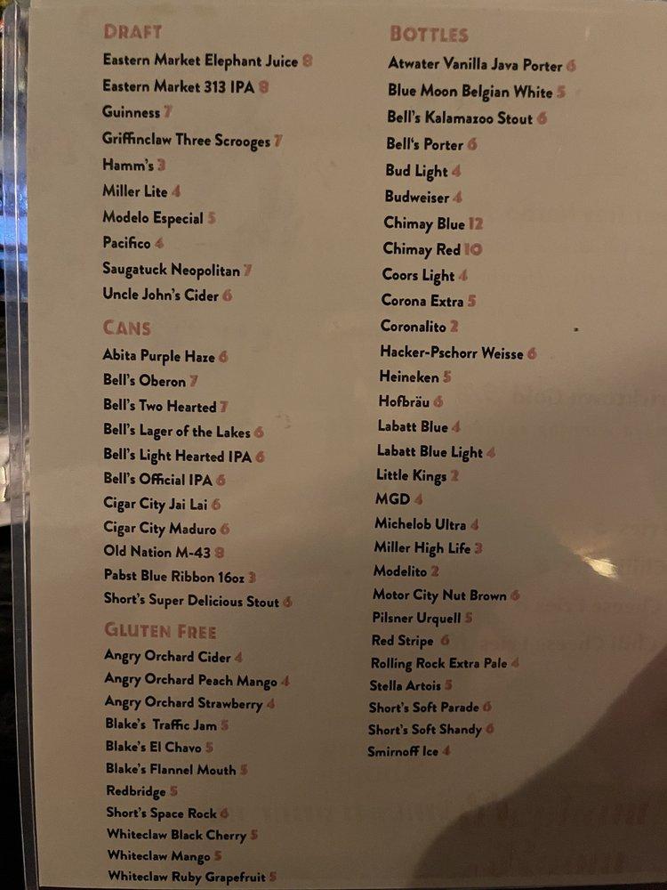 Menu at The Elephant Room restaurant, Detroit