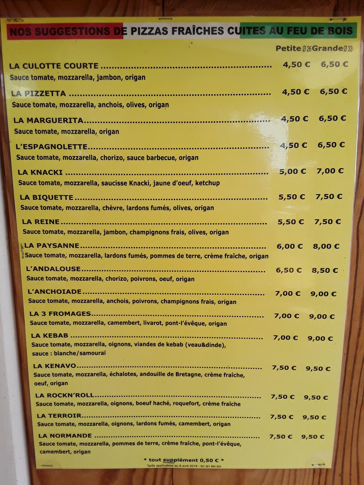 Menu at la pizzetta pizzeria, Thiberville