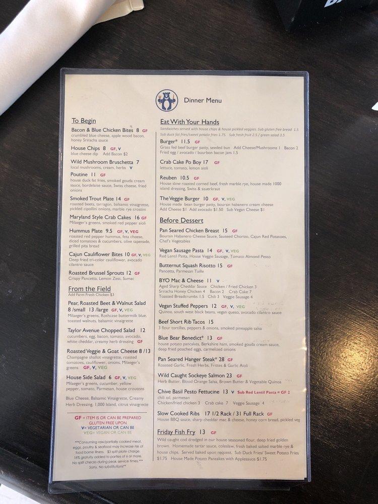 Menu at Blue Bear restaurant, Racine