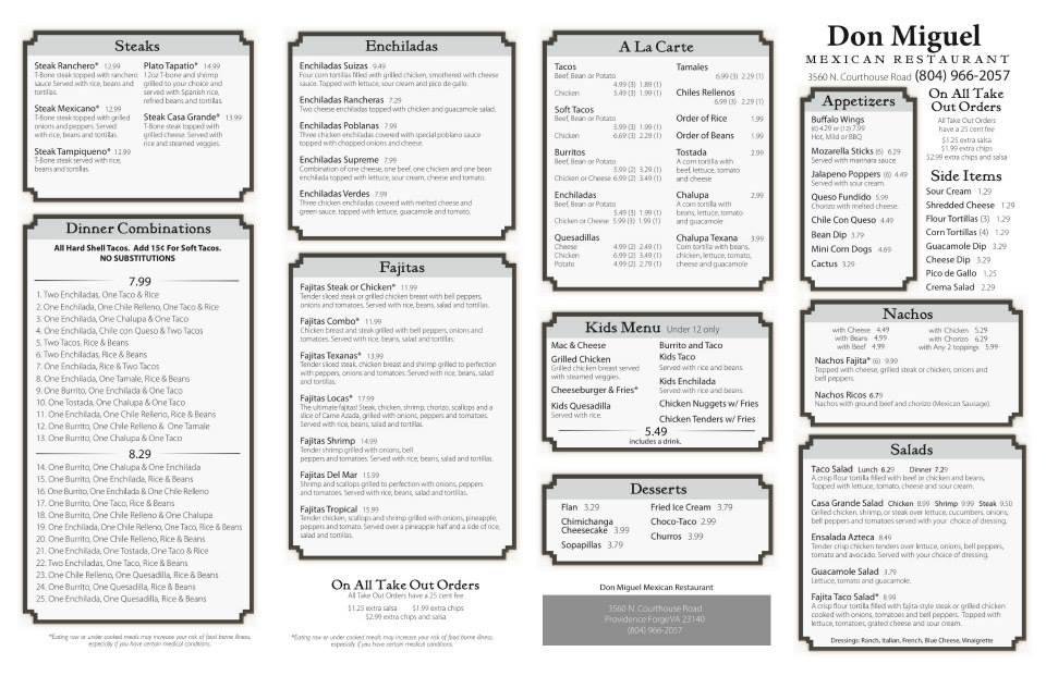 Menu at Don Miguel Mexican Restaurant, Providence Forge