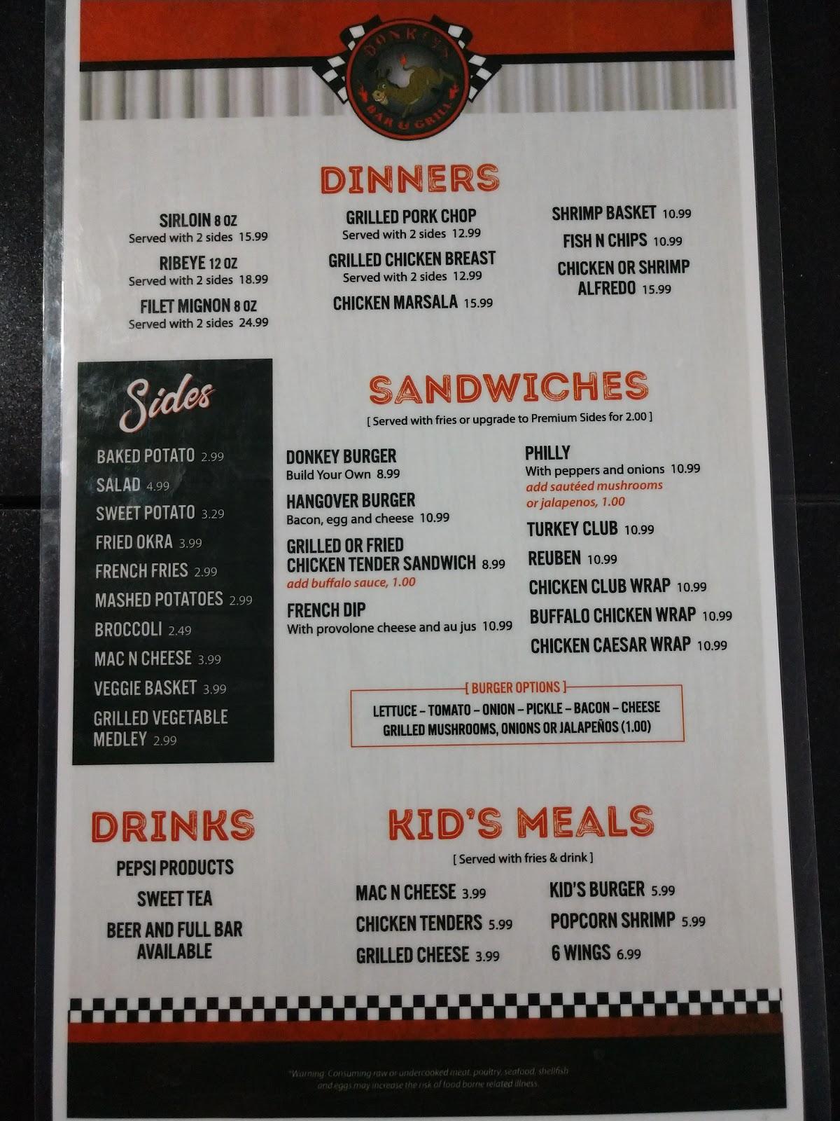 Menu at Donkeys Bar & Grill, Crawfordville
