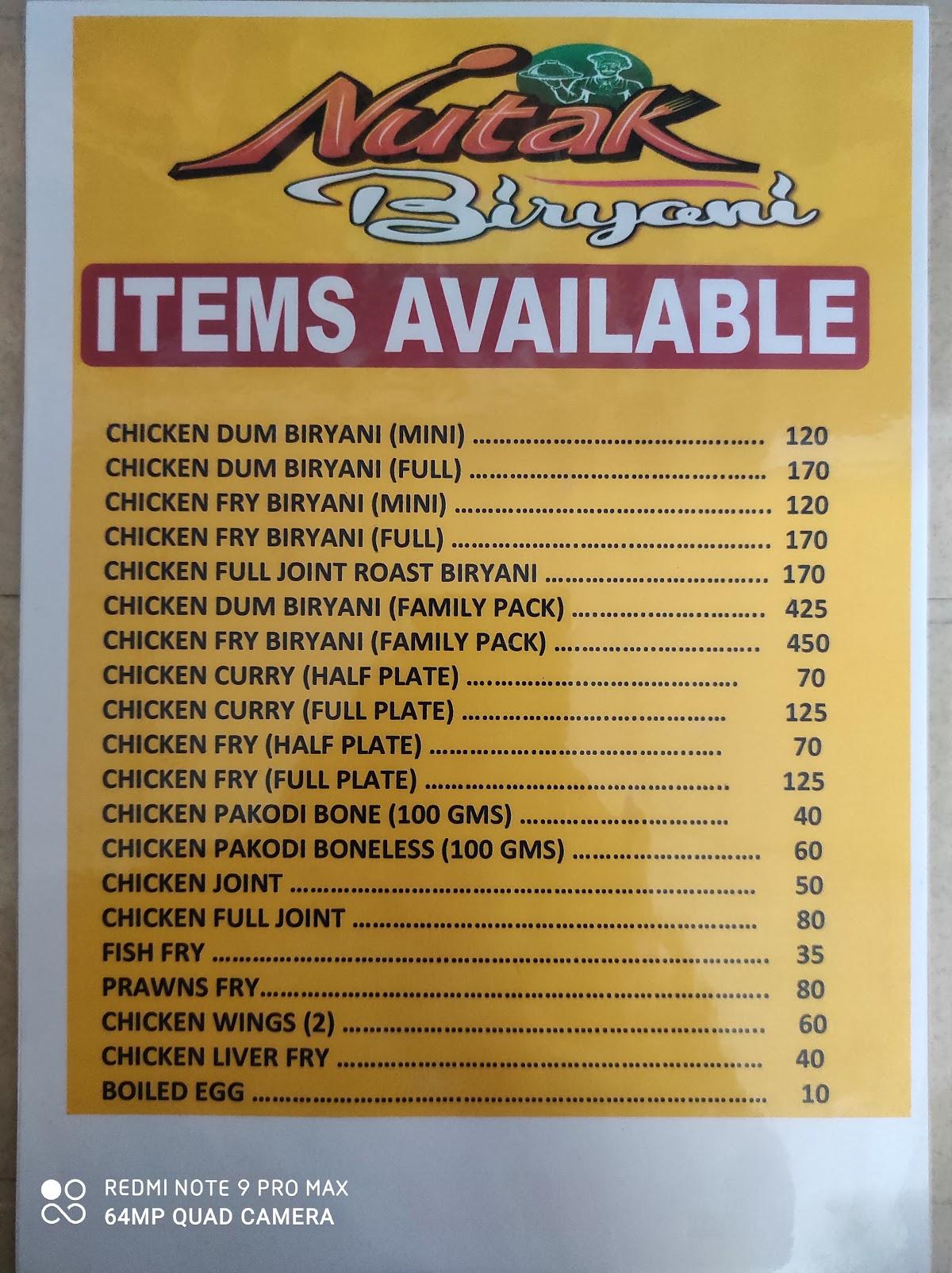 Menu at Nutak Biryani, Vijayawada