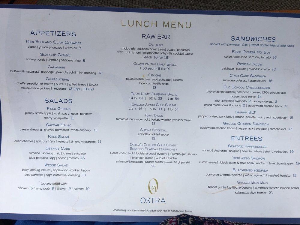 Menu at Ostra Restaurant, San Antonio