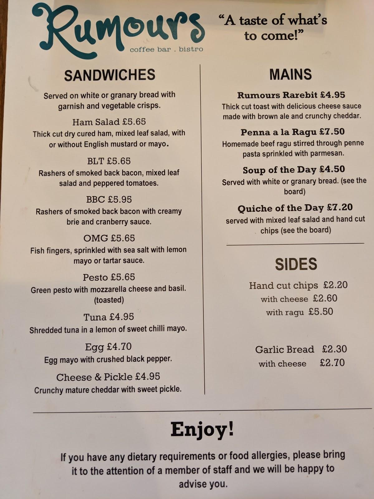 Menu at Rumours pub & bar, Liskeard