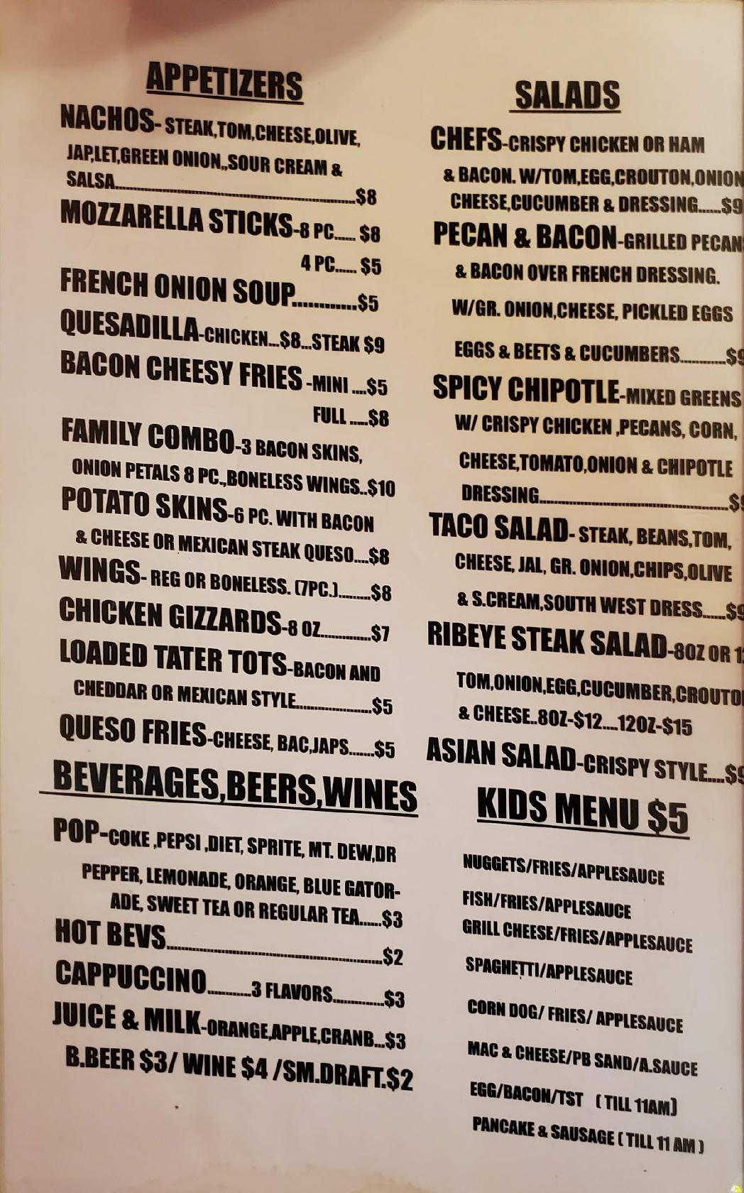 Menu at Splinter's Cafe, Carey
