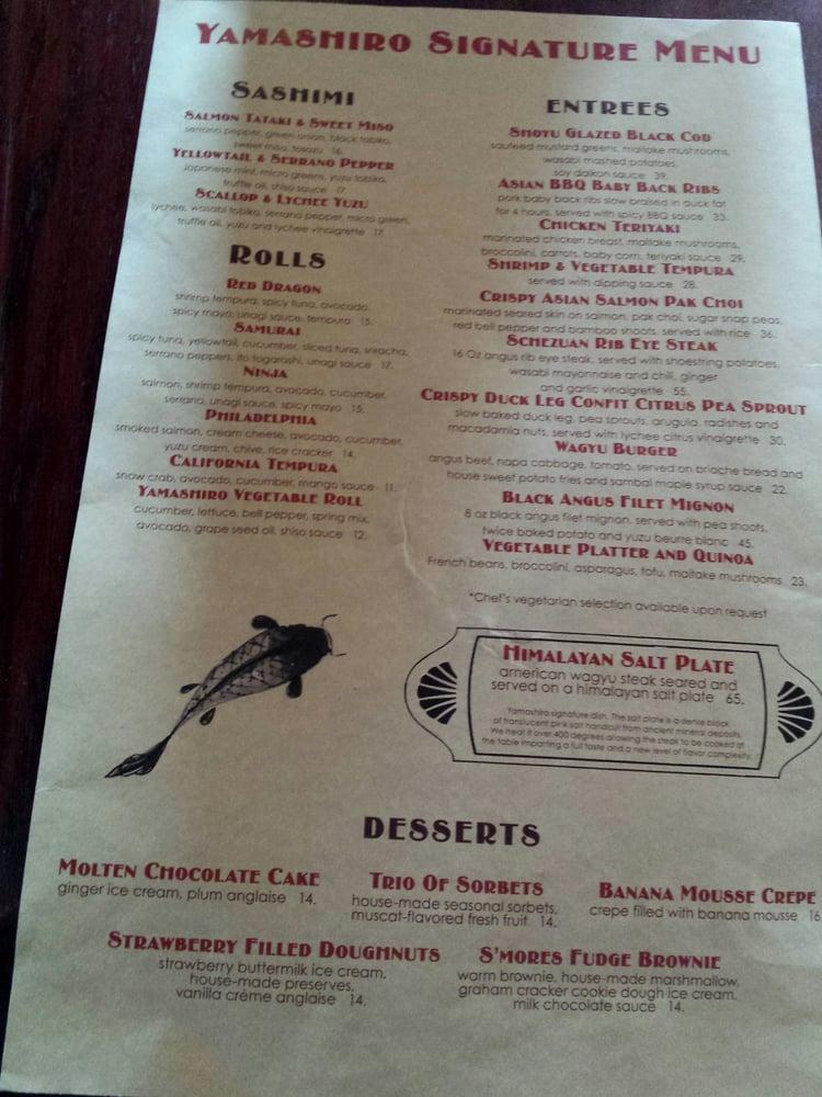 Menu at Yamashiro Hollywood restaurant, Los Angeles