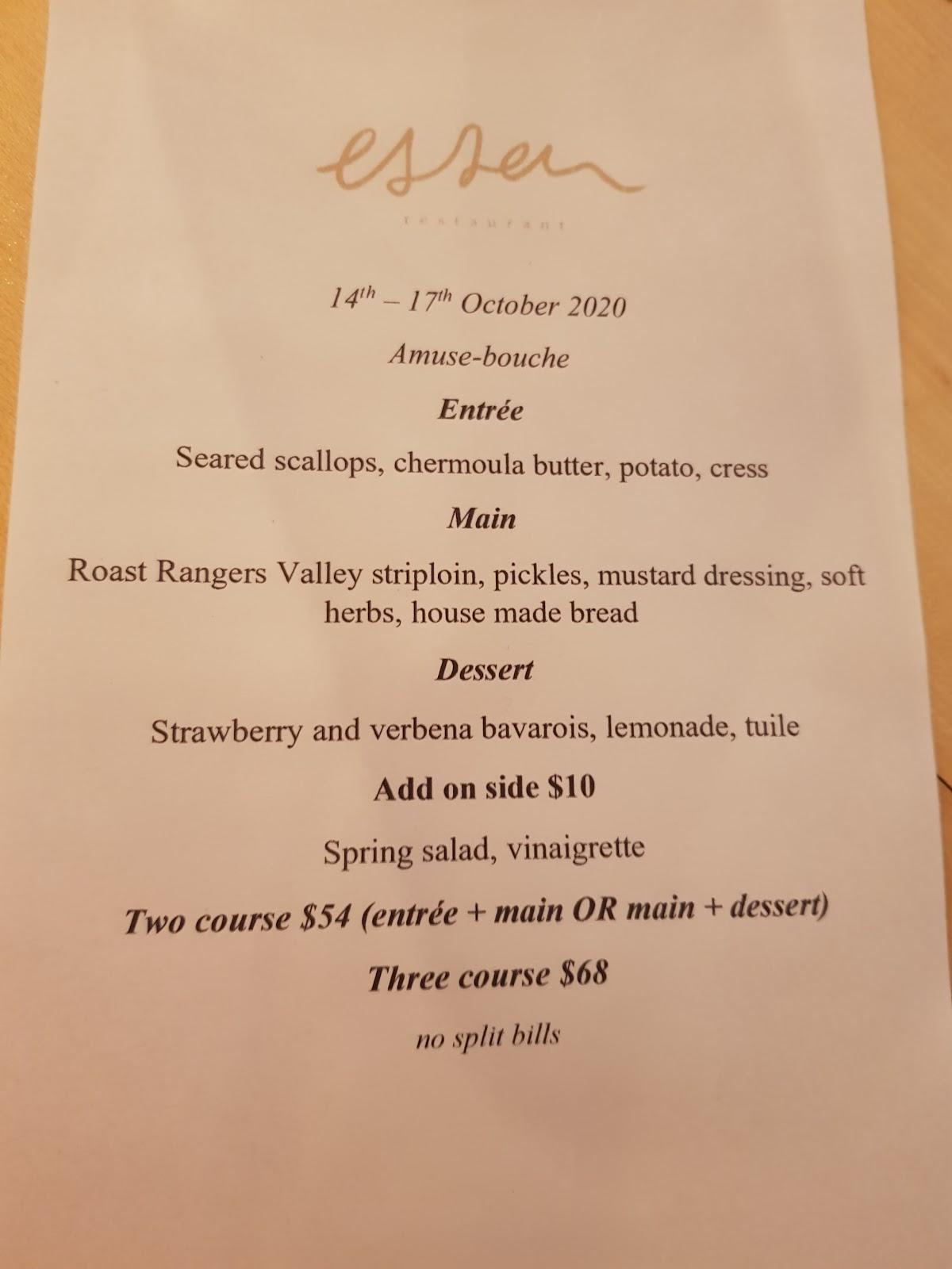 Menu at Essen Restaurant, Stanthorpe