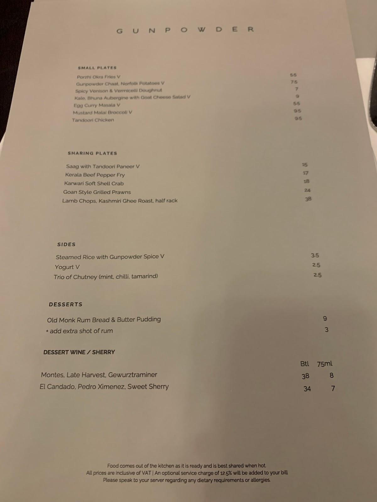 Menu at Gunpowder Spitalfields restaurant, London
