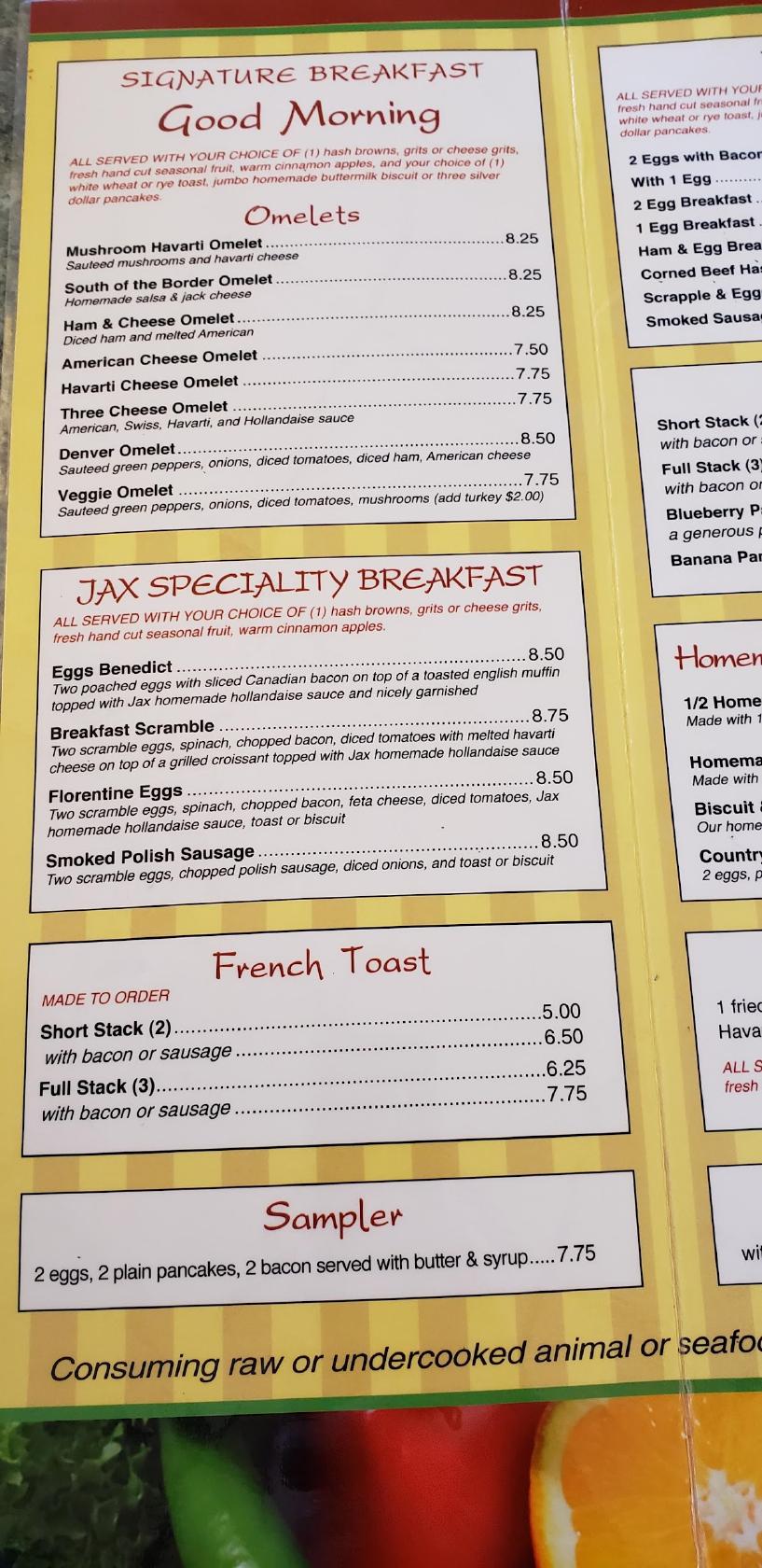 Menu at Jax Diner restaurant, North Fort Myers, N Tamiami Trail