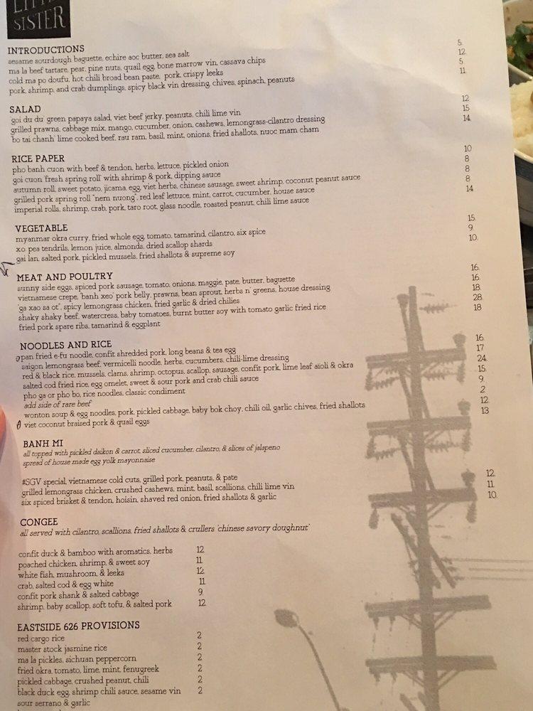 Menu at Little Sister DTLA restaurant, Los Angeles