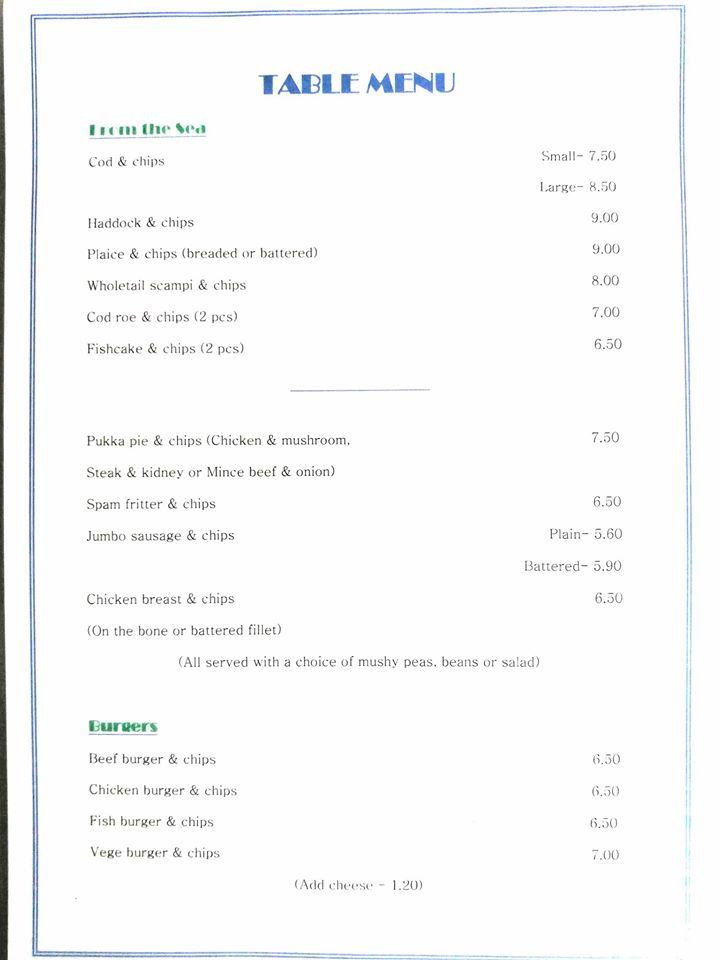 Menu at Philpott’s Fish & Chips restaurant, Southampton