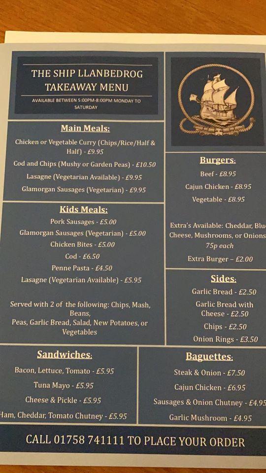 Menu at Ship Inn pub & bar, Llanbedrog, Lon Gerddi