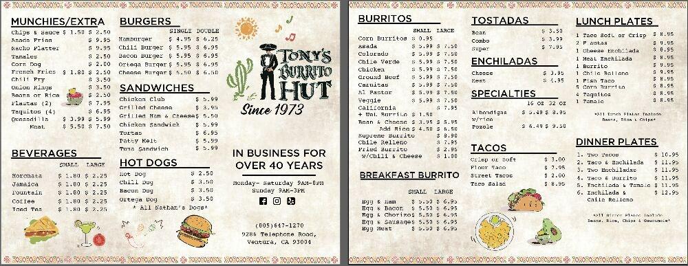 Menu at Tony's Burrito Hut restaurant, Ventura, Telegraph Rd Suite F