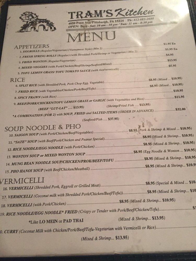 Menu at Tram's Kitchen restaurant, Pittsburgh