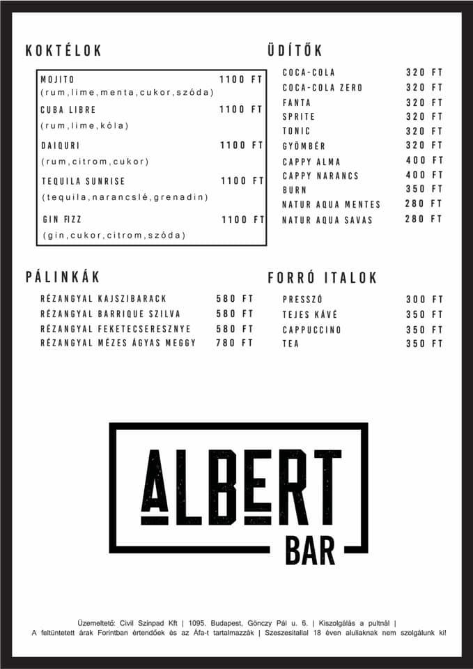 Menu at Albert Bár pub & bar, Budapest