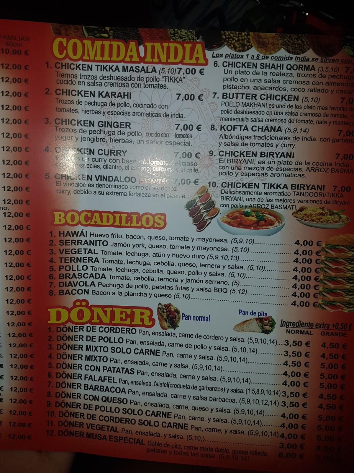 Menu at Bar Restaurante Comida India Musa, Picassent