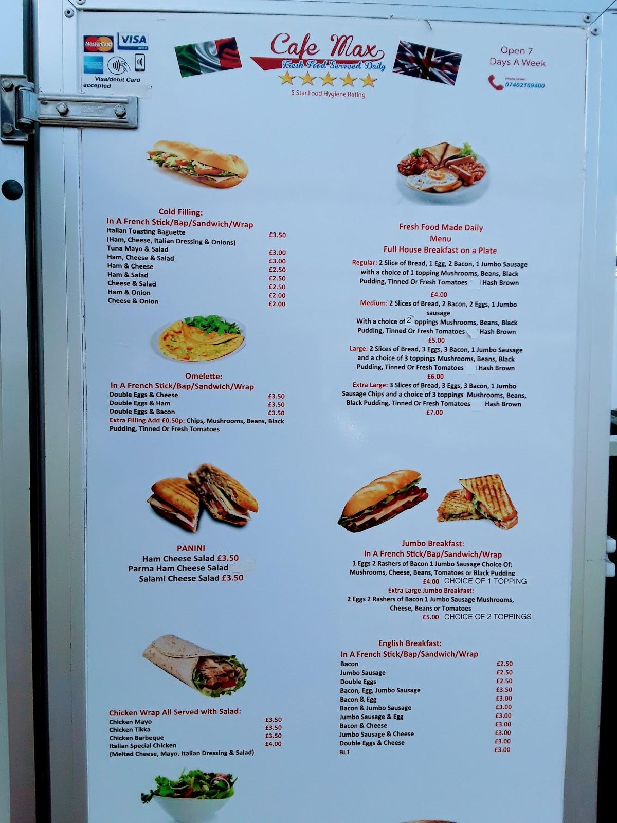 Menu at Cafe Max, Milton Keynes