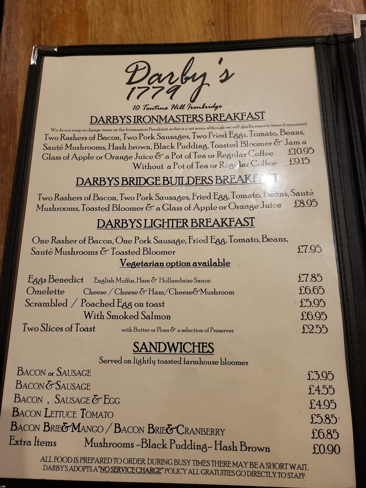 Menu at Darby's Of Ironbridge cafe, Telford