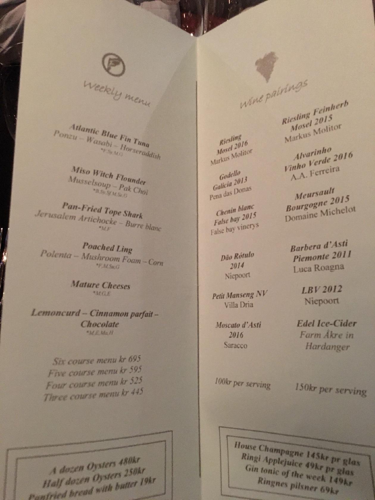 Menu at Restaurant Fjord, Oslo, Kristian Augusts gate 11