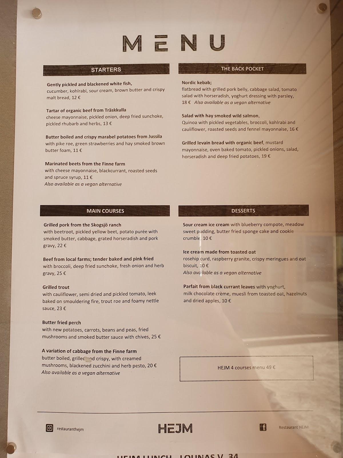 Menu at Restaurant Hejm, Vaasa