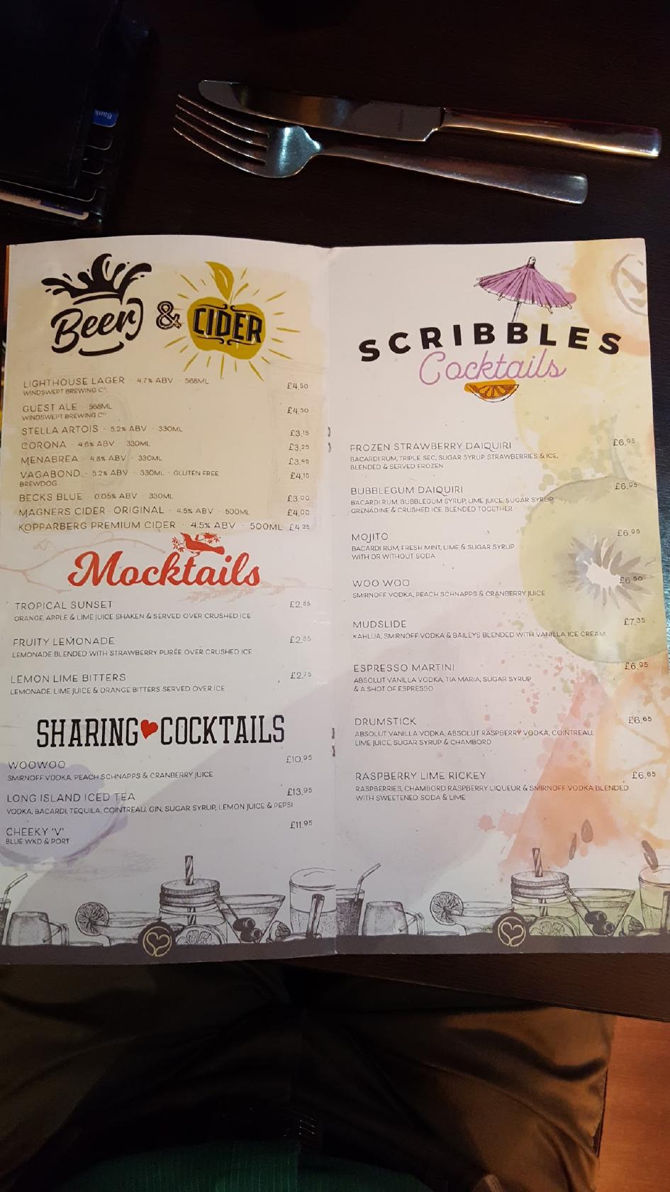 Menu at Scribbles pizzeria, Elgin