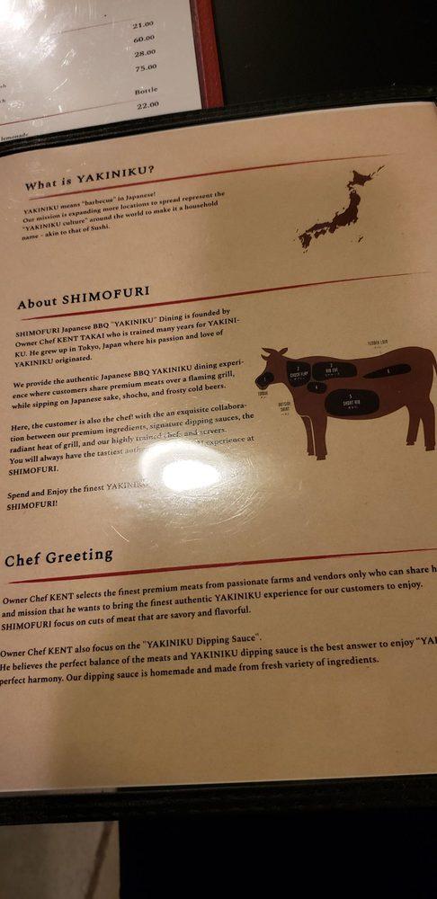 Menu at Shimofuri Japanese BBQ, Milpitas