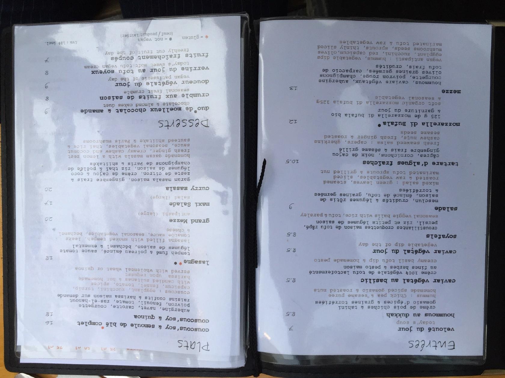 Menu at Soya restaurant, Paris