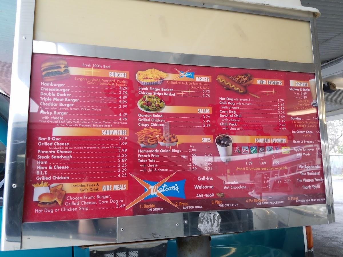 Menu at Watson's Drive In restaurant, Denison
