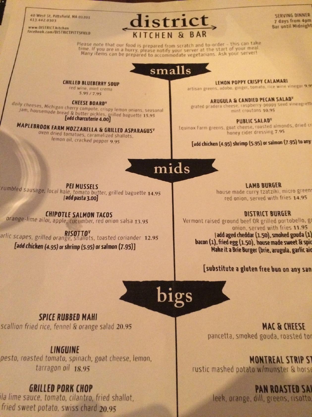 Menu at District Kitchen & Bar, Pittsfield