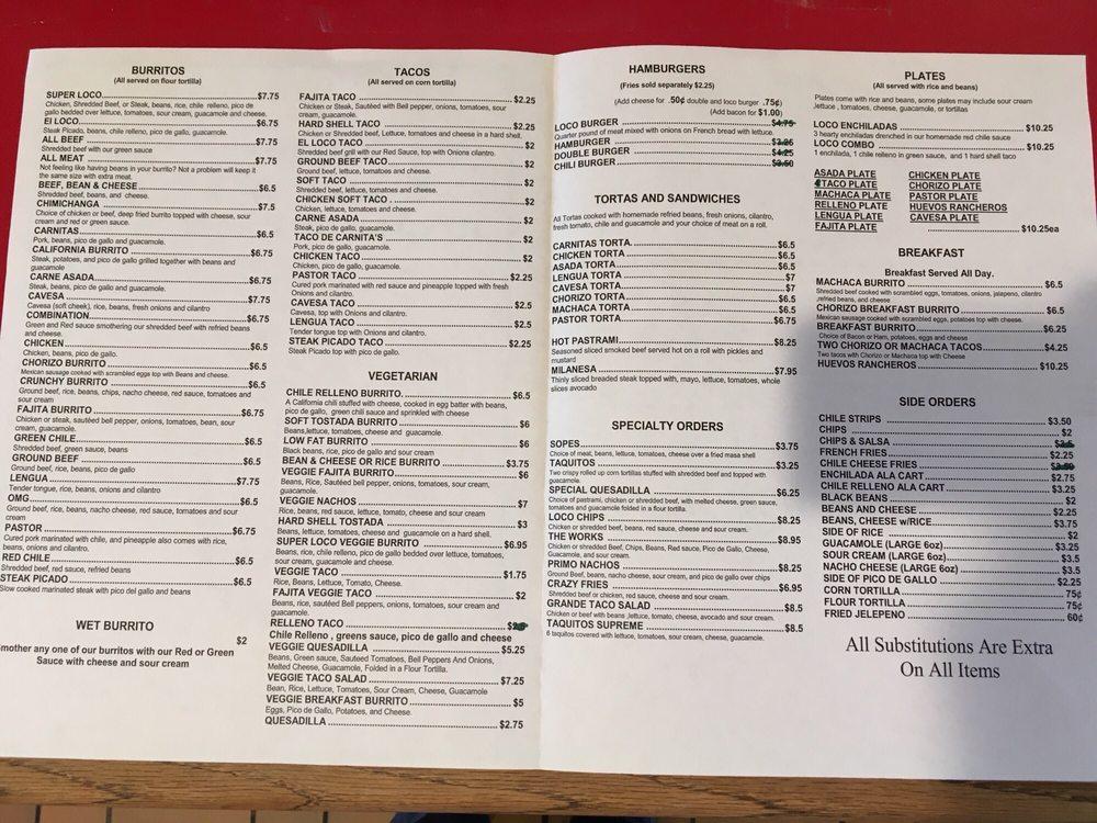 Menu at El Burrito Loco restaurant, Portland