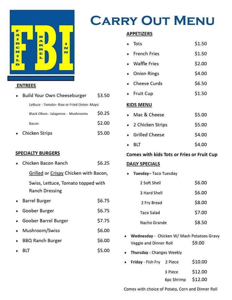 Menu at Fairchild Barrel Inn (FBI), Fairchild