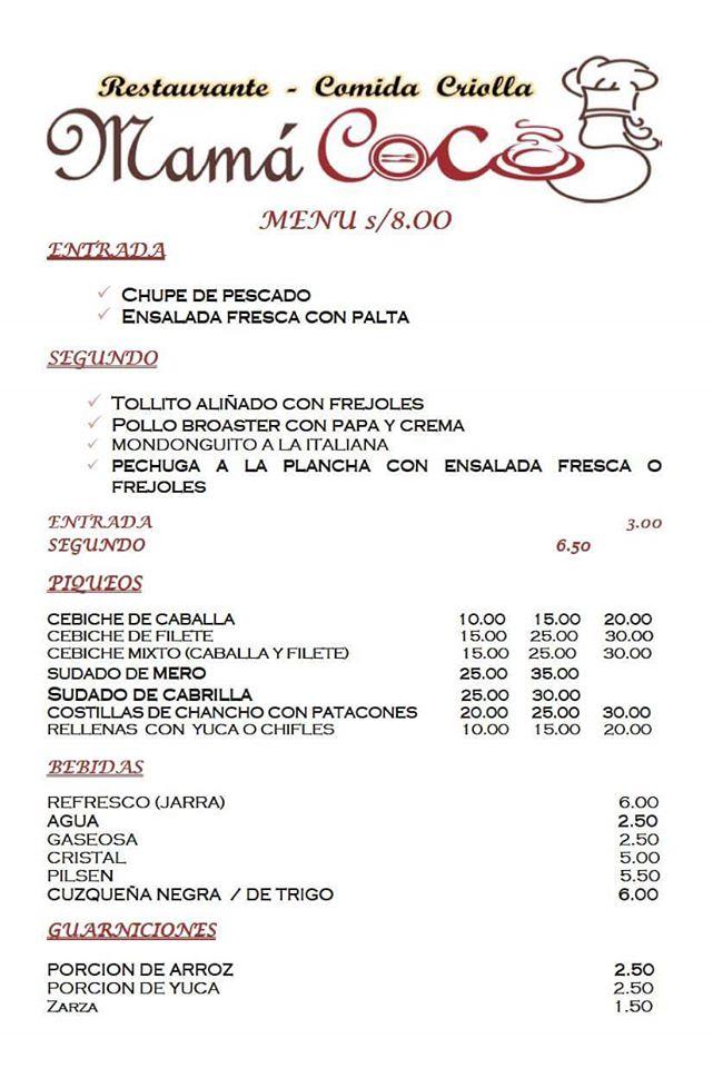Menu at Mamá Coco restaurant, Piura