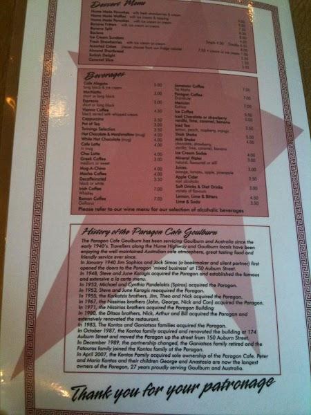 Menu at Paragon Cafe, Goulburn