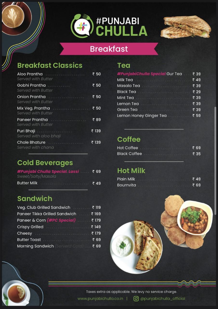 Menu at Punjabi Chulla Mohali, Sahibzada Ajit Singh Nagar