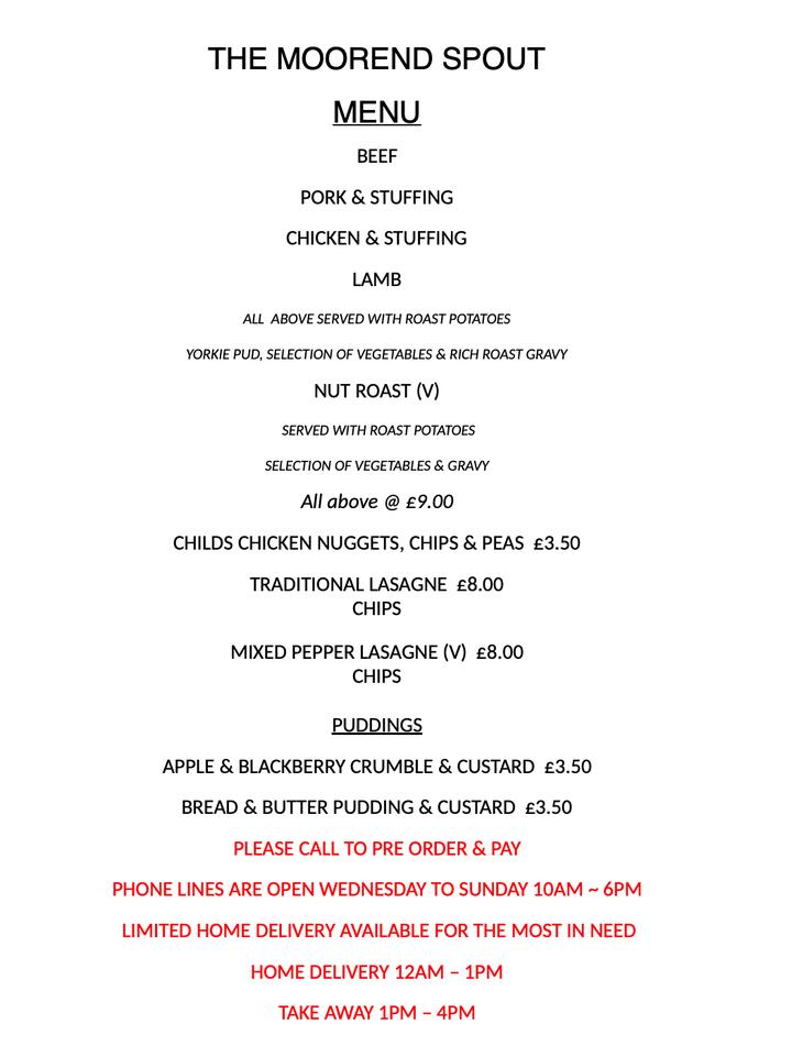 Menu at The Moorend Spout pub & bar, Bristol, 1 Union St