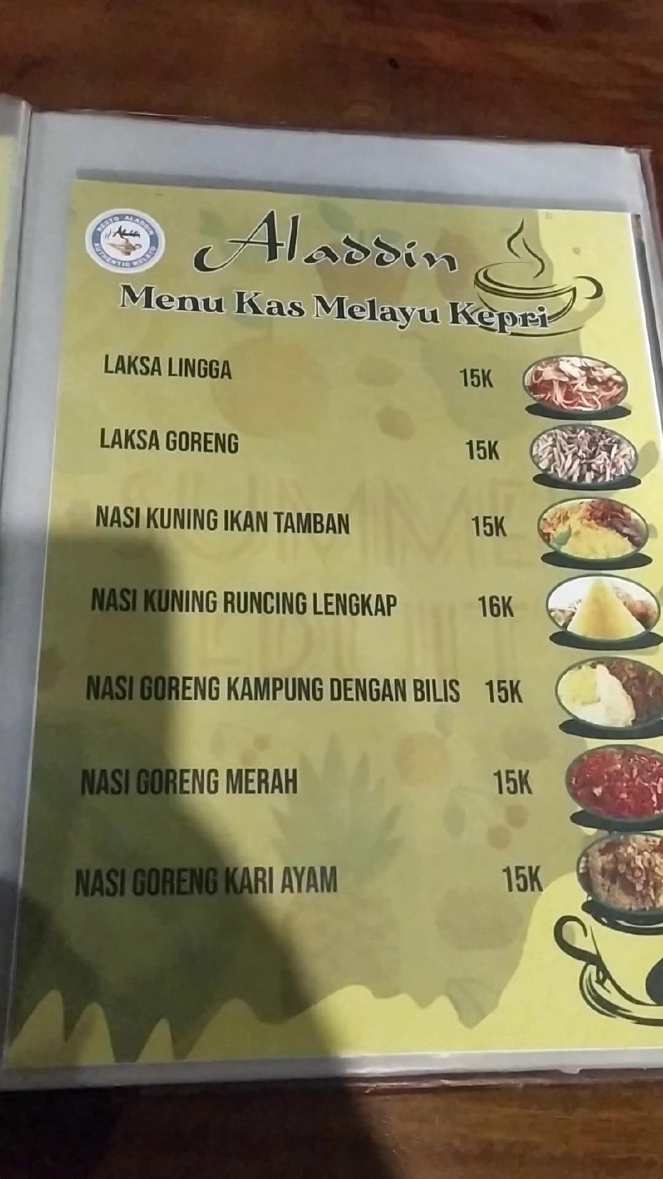 Menu at Aladdin cafe and resto, Batam