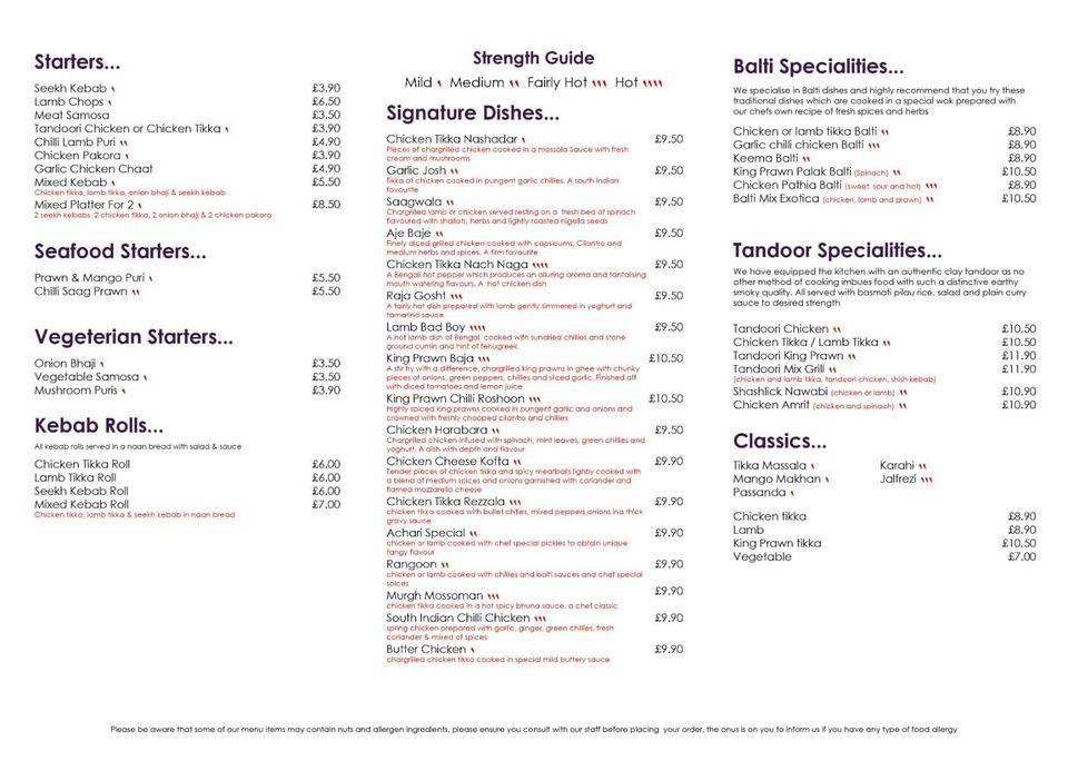 Menu at Jaipur Indian restaurant and takeaway Colne, Colne