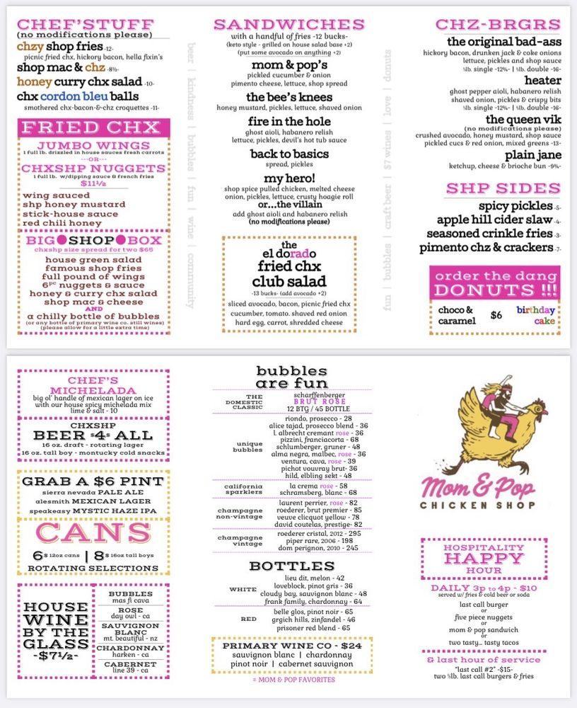 Menu at Mom & Pop Chicken Shop restaurant, El Dorado Hills