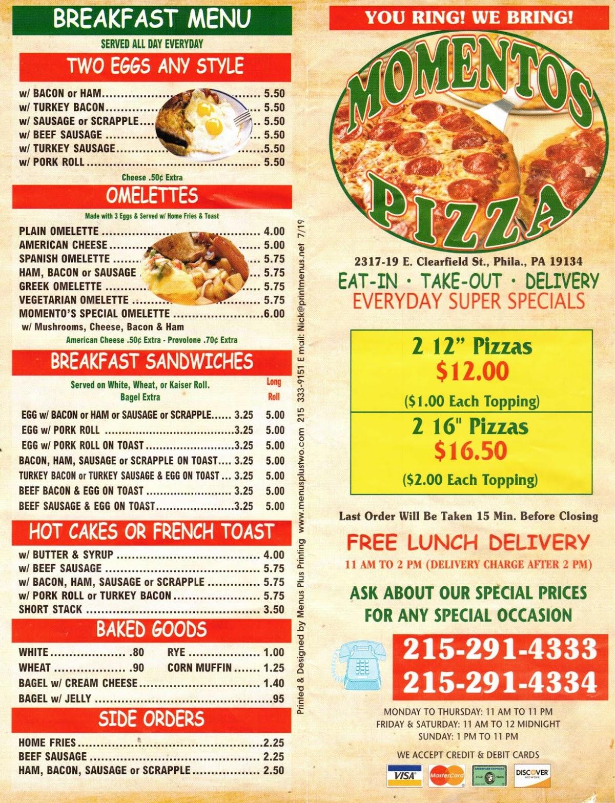 Menu at Momentos Pizza pizzeria, Philadelphia, E Clearfield St