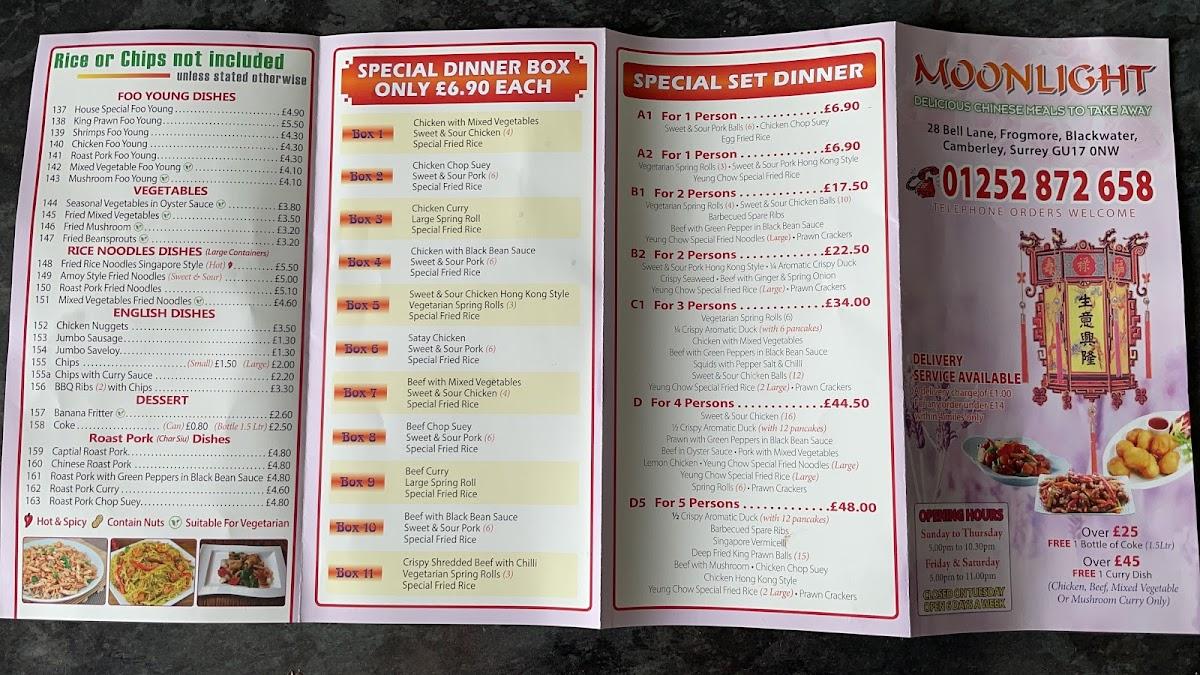 Menu at Moonlight Chinese Take Away fast food, Camberley