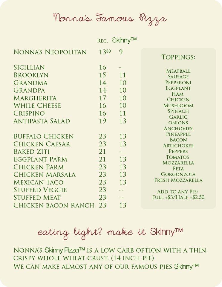 Menu at Nonna Bella's pizzeria, North Babylon