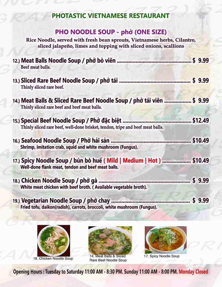 Menu at Phở Photastic Vietnamese Noodle Soup restaurant, Vero Beach