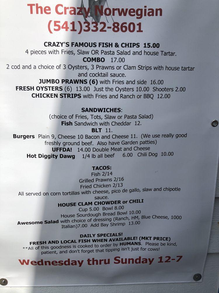 Menu at The Crazy Norwegian's Fish & Chips restaurant, Port Orford