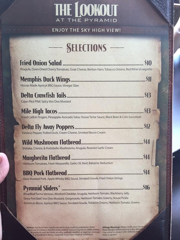 Menu at The Lookout at the Pyramid pub & bar, Memphis