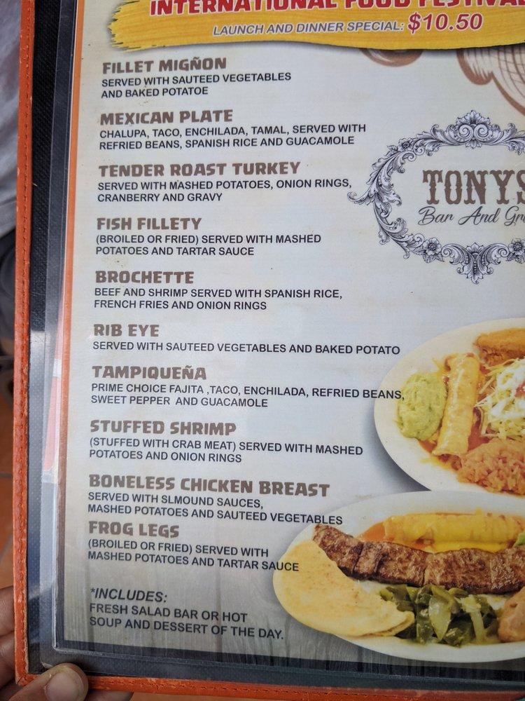 Menu at Tony's Bar & Grill, Nuevo Progreso