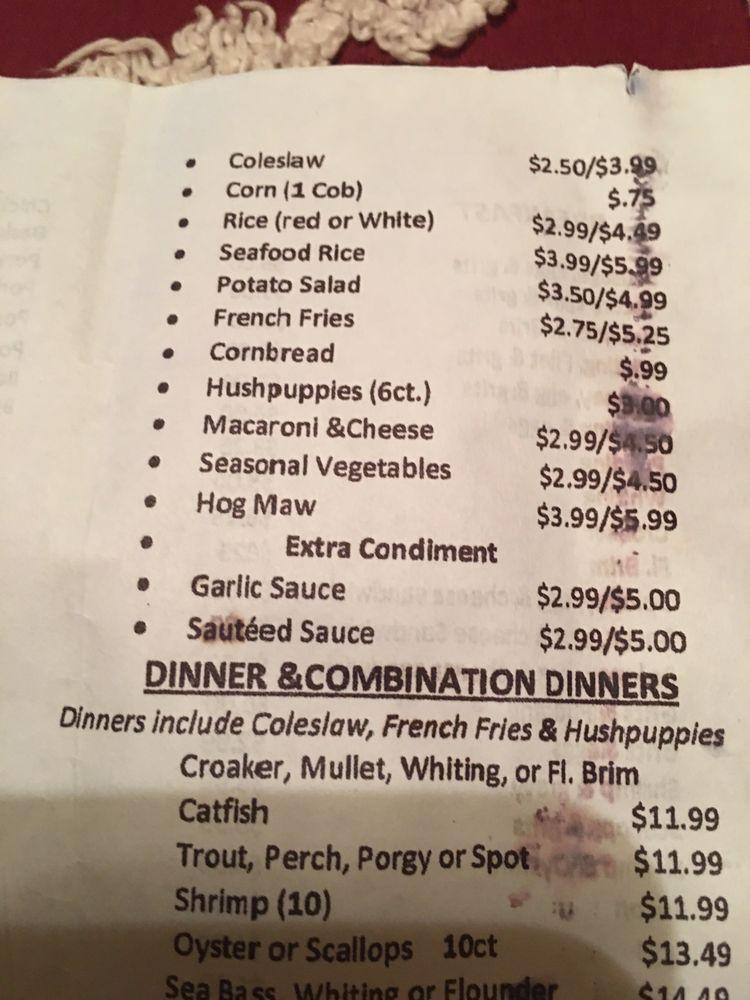 Menu at Williams Seafood restaurant, Walterboro